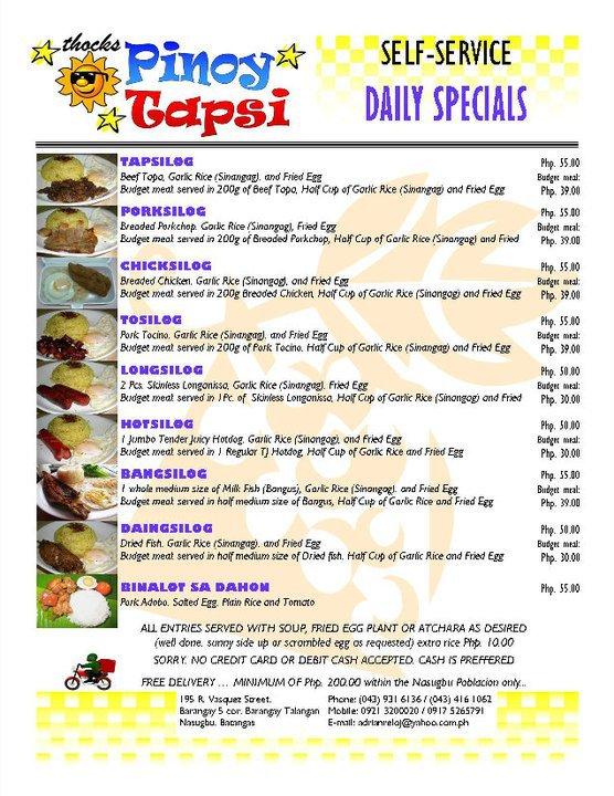 Menu at Pinoy Tapsi (24 hours open) restaurant, Nasugbu