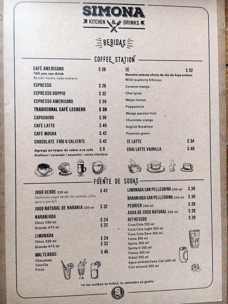 Carta del pub y bar Simona Kitchen & Drinks, Mexico