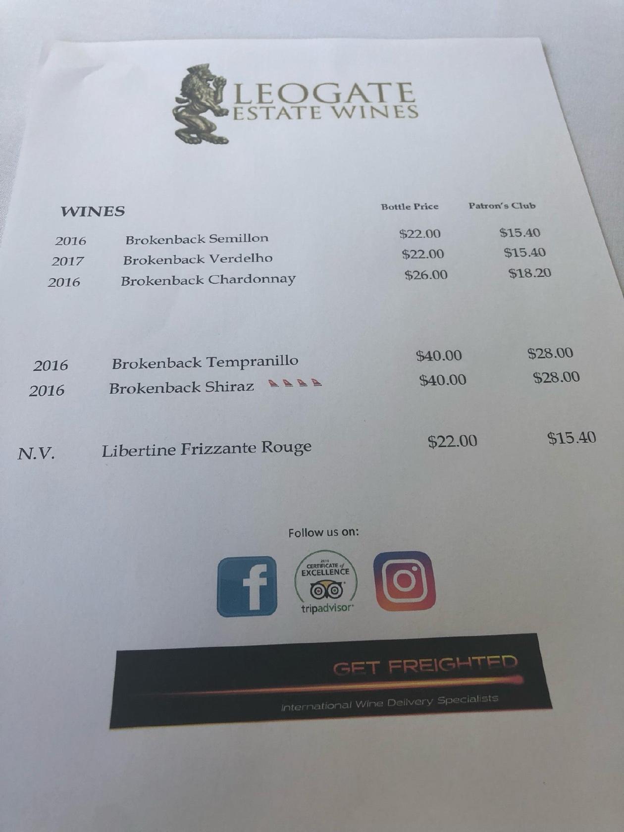 Carta de The Gates Restaurant @ Leogate Estate Wines, Pokolbin