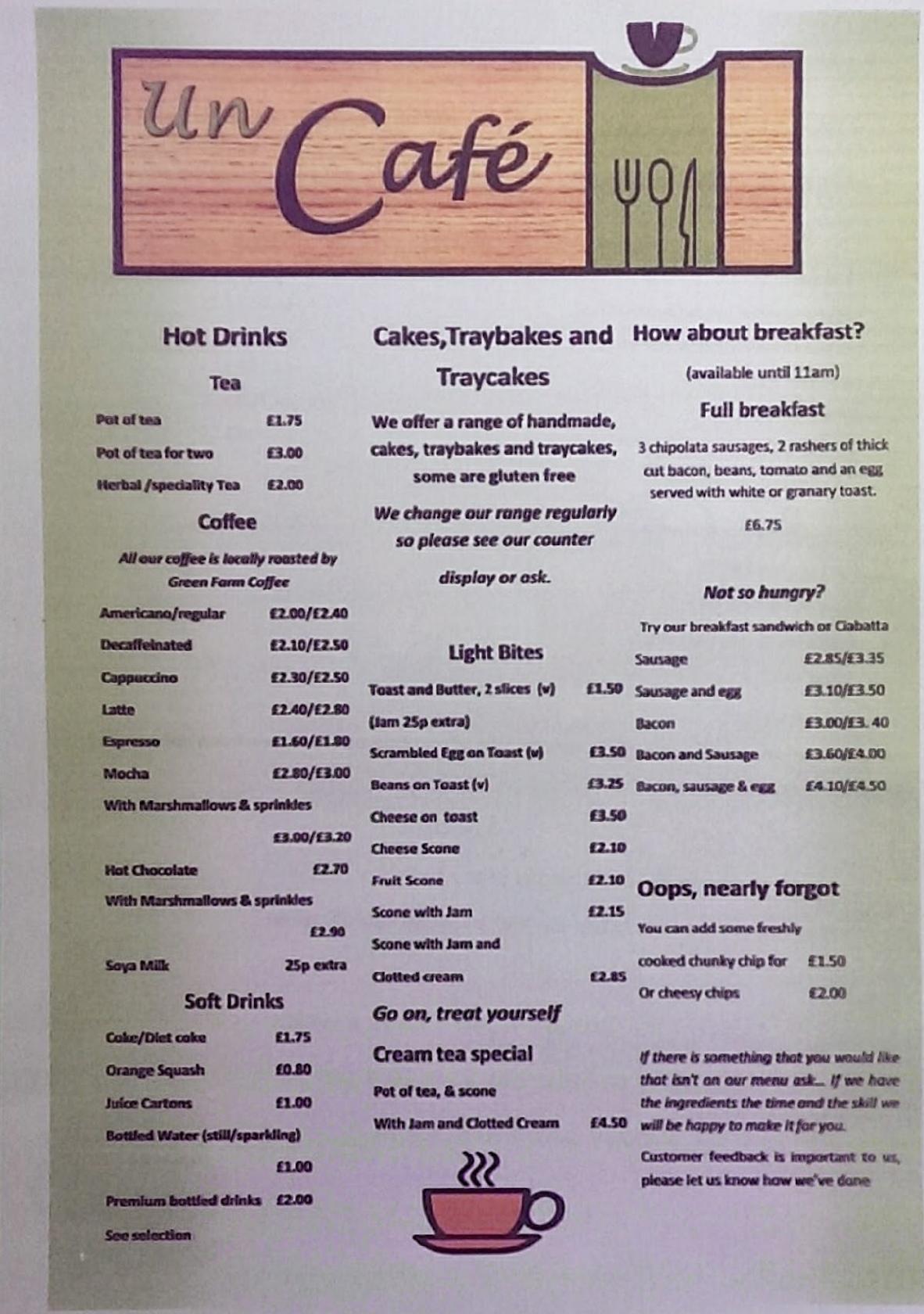 Menu at Un Cafe, Norwich, N Walsham Rd