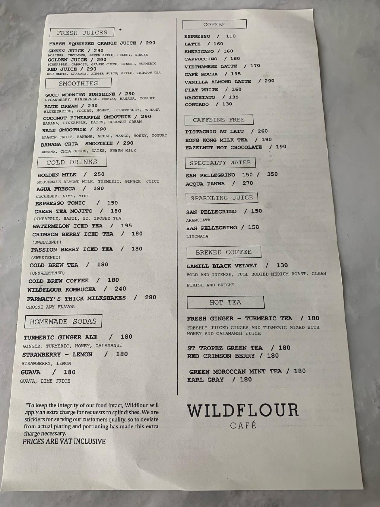 Carta de Wildflour Restaurant - Uptown, Taguig