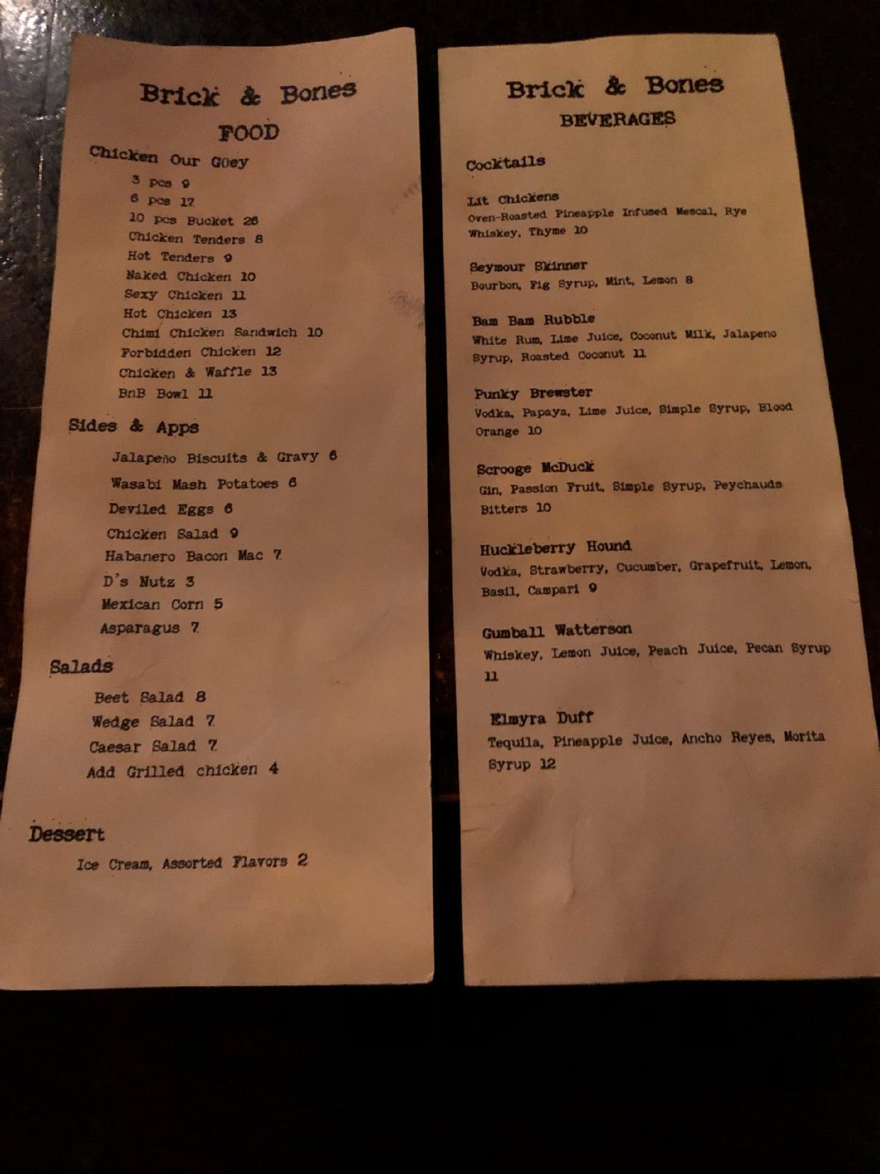 Menu at Brick & Bones pub & bar, Dallas