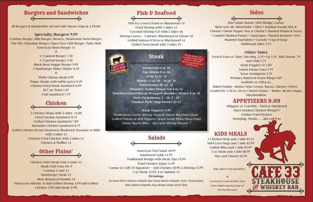Menu at Cafe 33 Steakhouse and Whiskey Bar, Perkins