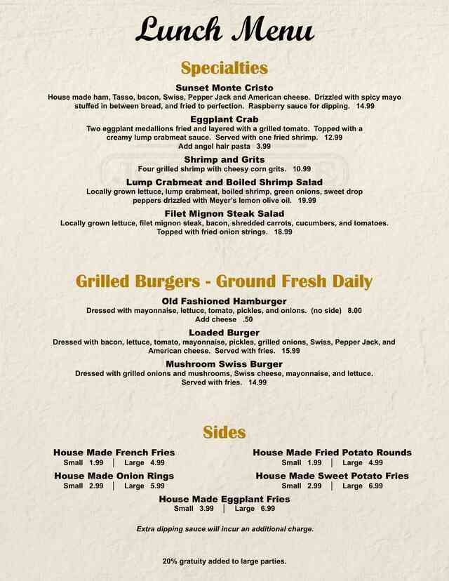 Menu at Cafe Josephine, Sunset
