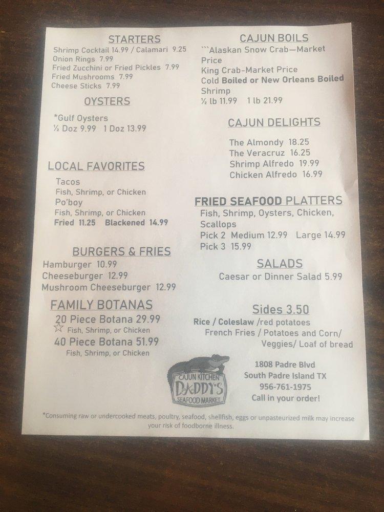 Menu at Daddy's Seafood & Cajun Kitchen restaurant, South Padre Island
