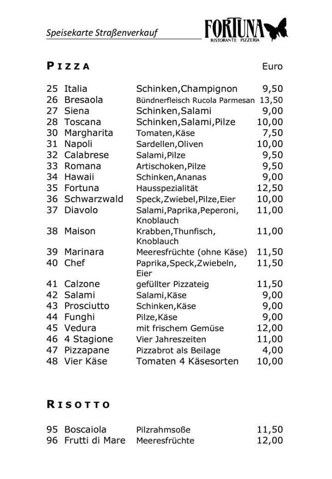 Menu au Fortuna restaurant, Schutterwald