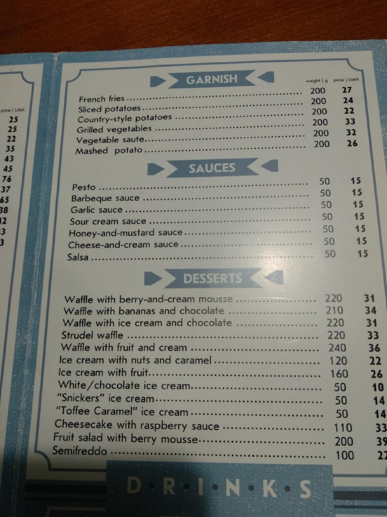 Menu at Gallery cafe, Kolomyya