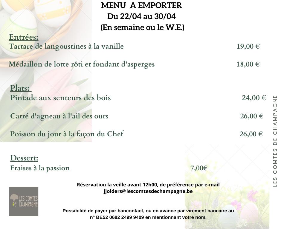 Menu au Les Comtes de Champagne, Hannut, Rue de Huy 23
