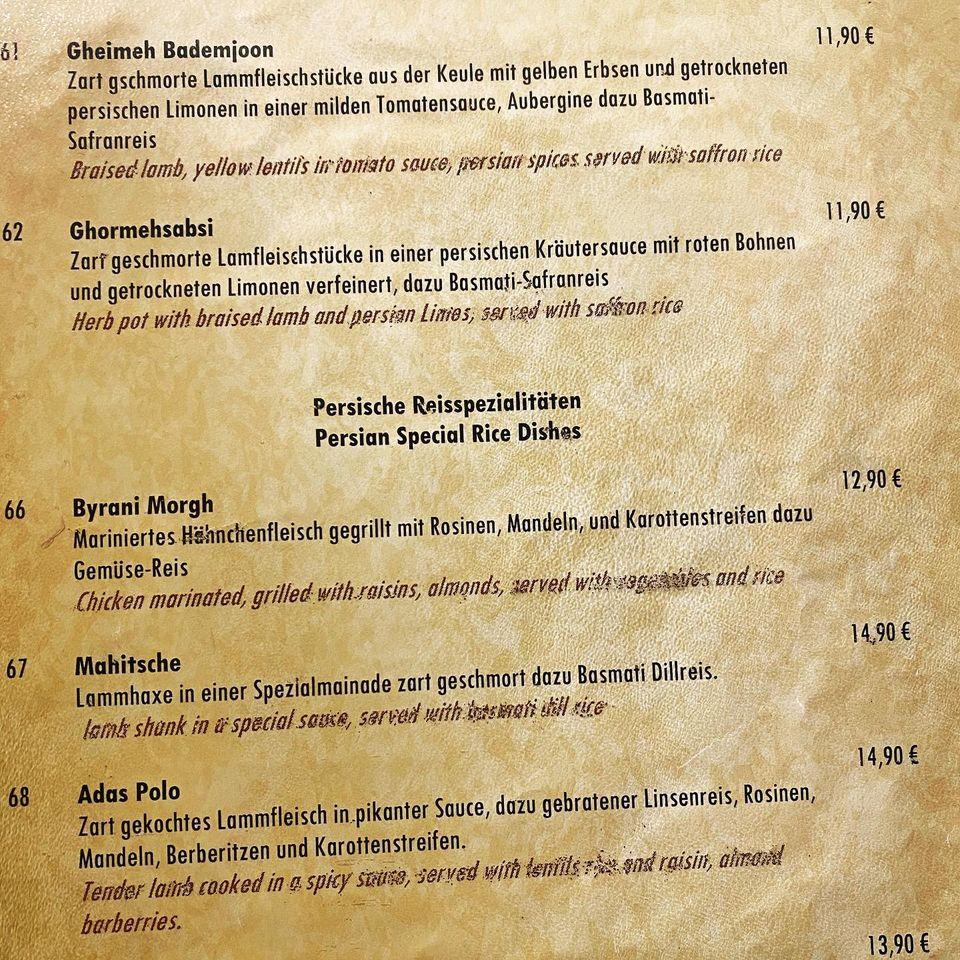 Menu at Shandiz restaurant, Munich