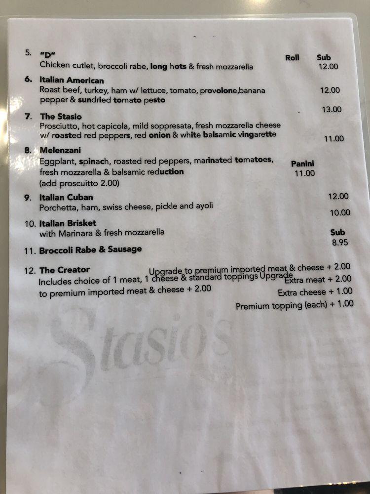Menu at Stasio's Italian Deli & Market restaurant, Orlando