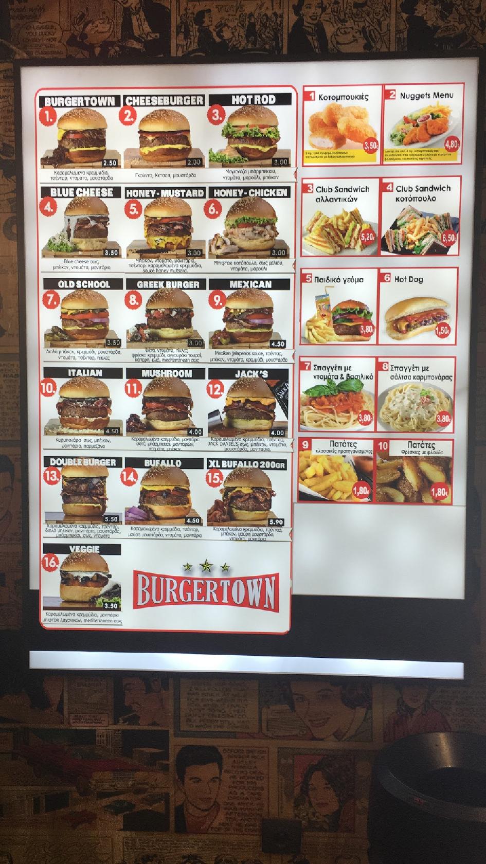 Menu at Burger Town, Corinth