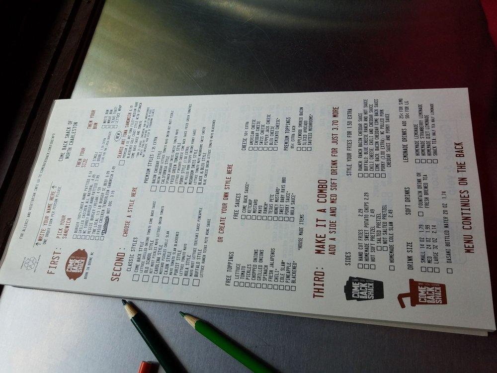 Menu at Come Back Shack restaurant, North Charleston