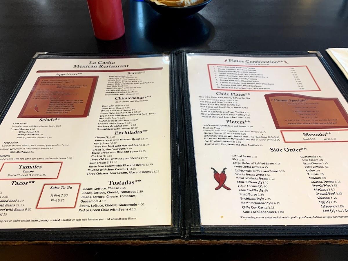 Menu at La Casita restaurant, Mammoth