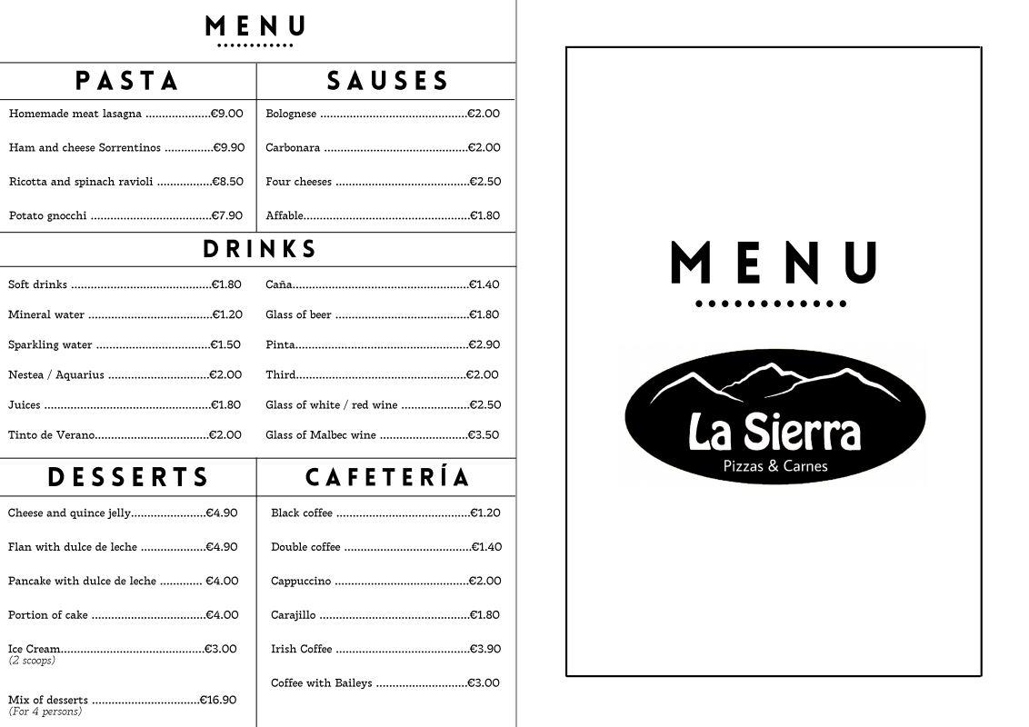 Menu at La Sierra Pizzas y Carnes restaurant, Fuengirola