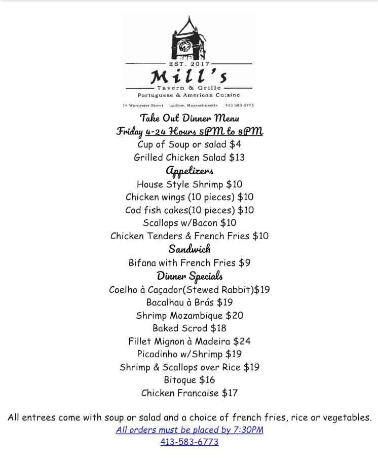 Menu at Mill's Tavern & Grille restaurant, Ludlow