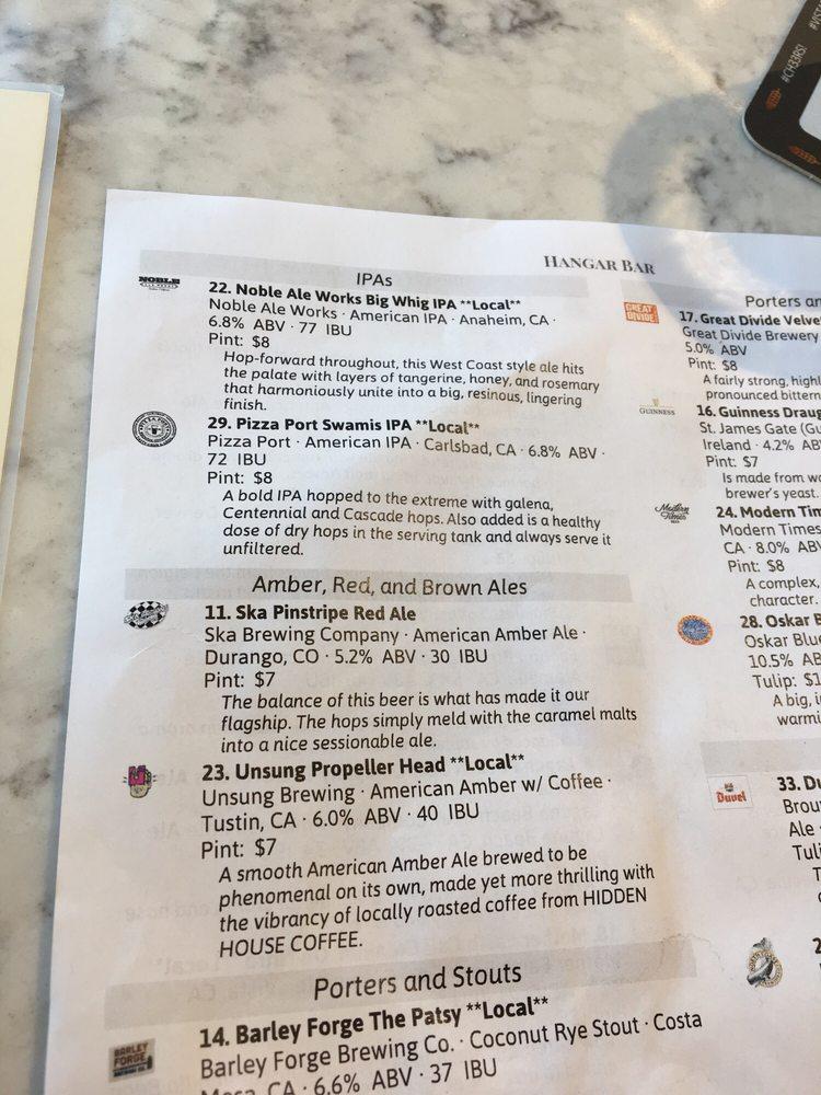 Menu at The Hangar Bar, Tustin