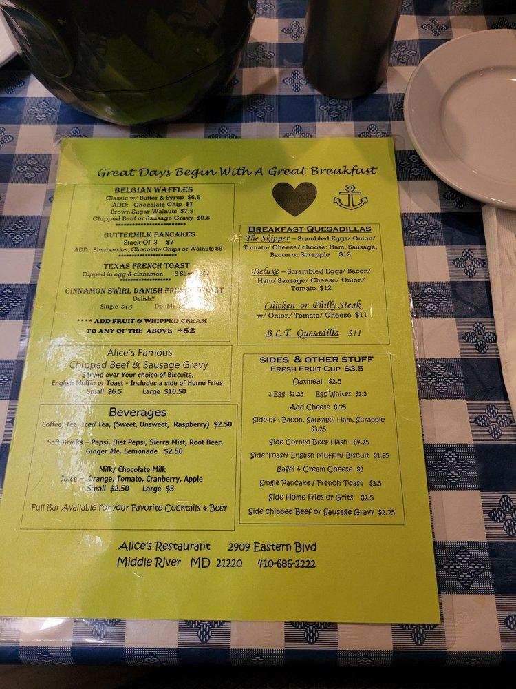 Menu at Alice's - A Family Restaurant, Middle River