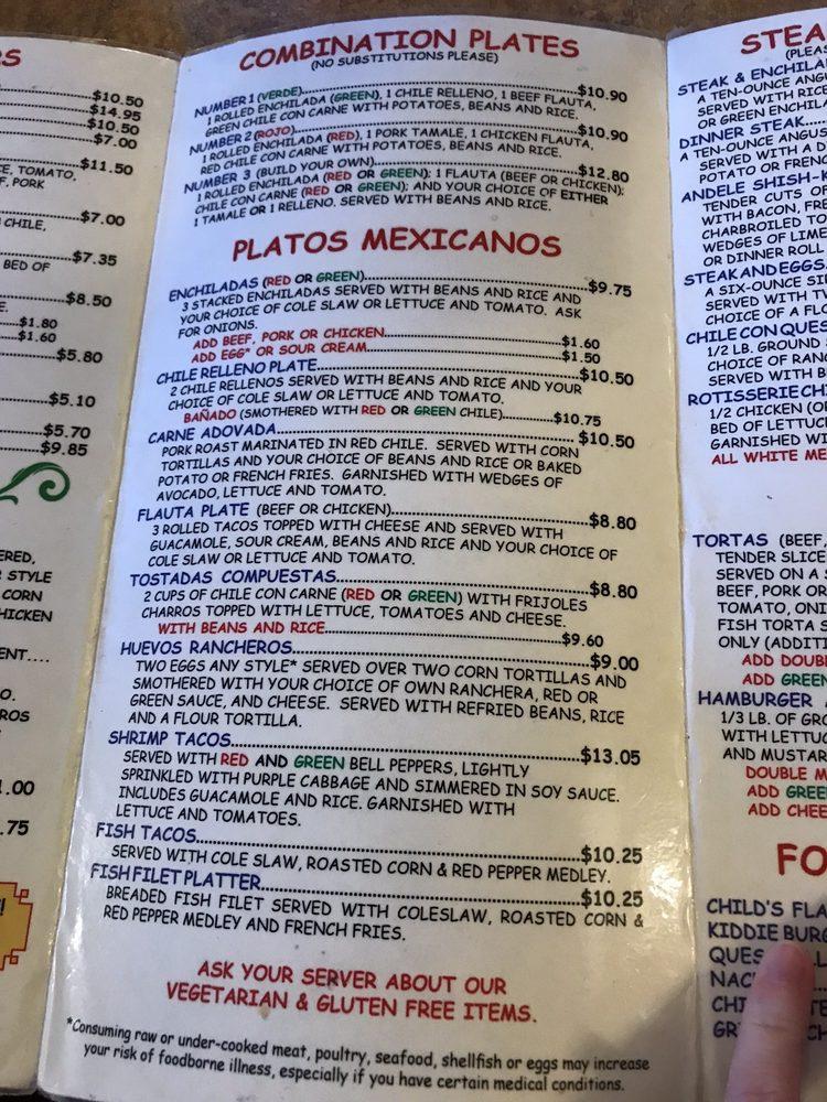 Menu at Andele Restaurant, Mesilla, Calle Del Norte #1-3