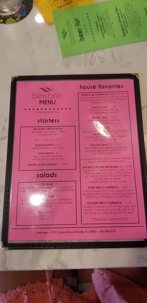 Menu at Bem Bom on Corrine pub & bar, Orlando