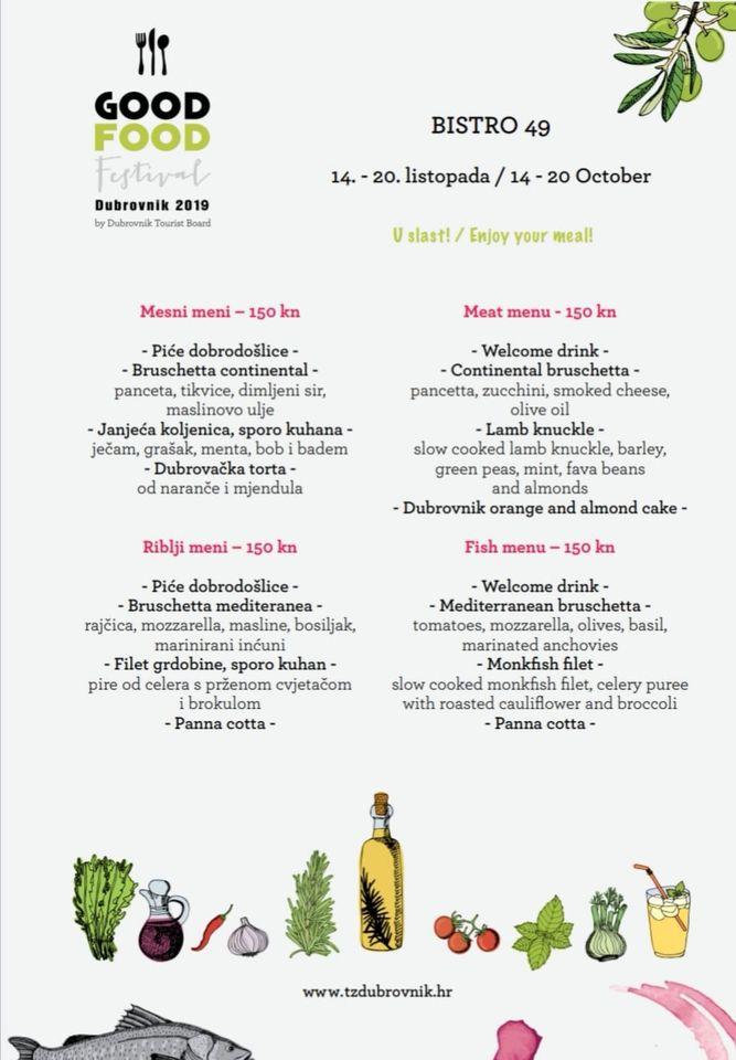 Menu at Bistro 49 restaurant, Dubrovnik