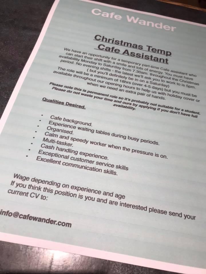 Menu at Cafe Wander, Glasgow, 110 W George St