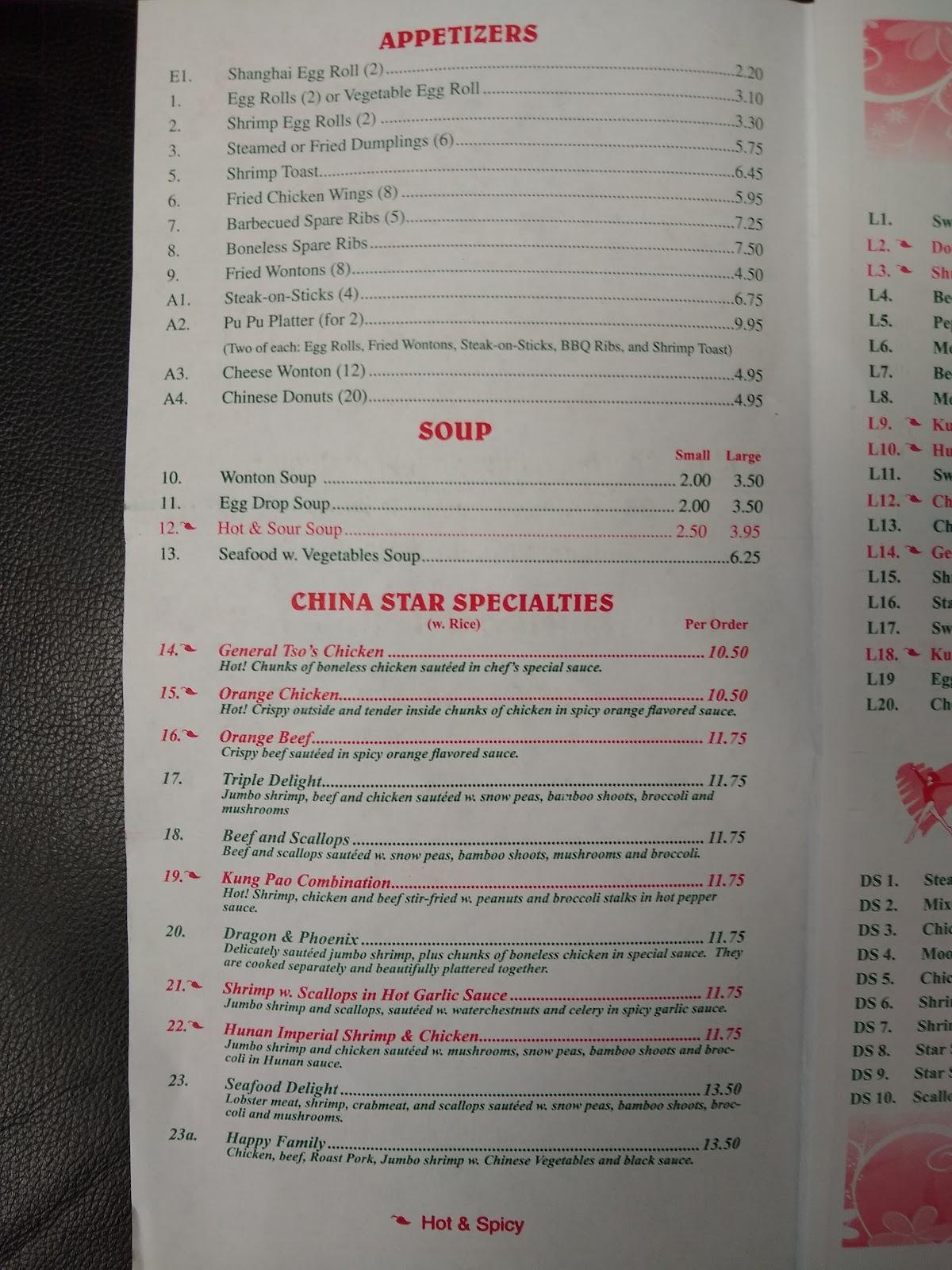 Menu at China Star restaurant, Ashland, Kings Charter Dr