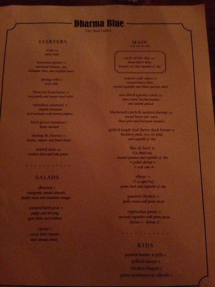 Menu at Dharma Blue restaurant, Pensacola