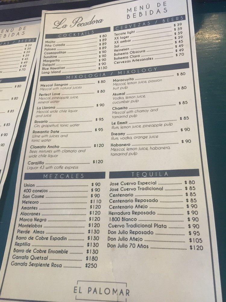 Menu at El Palomar Cozumel pub & bar, San Miguel de Cozumel
