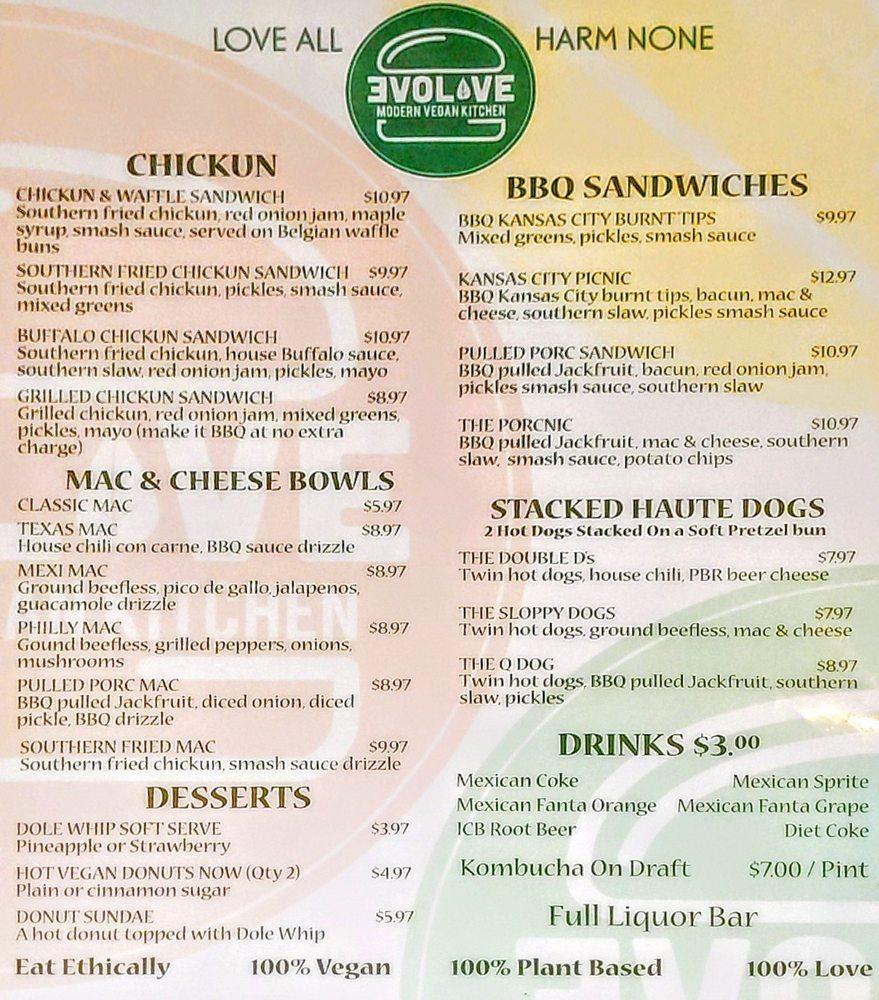 Menu at Evolve Modern Vegan Kitchen pub & bar, Daytona Beach