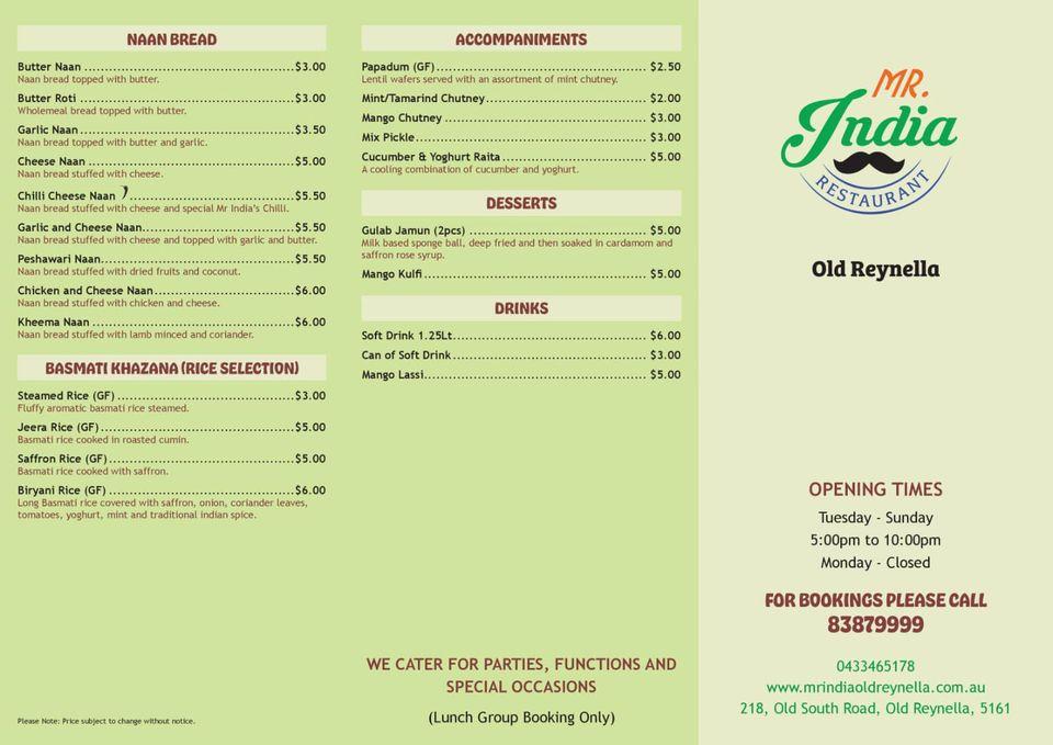 Menu at Mr India Restaurant, Old Reynella