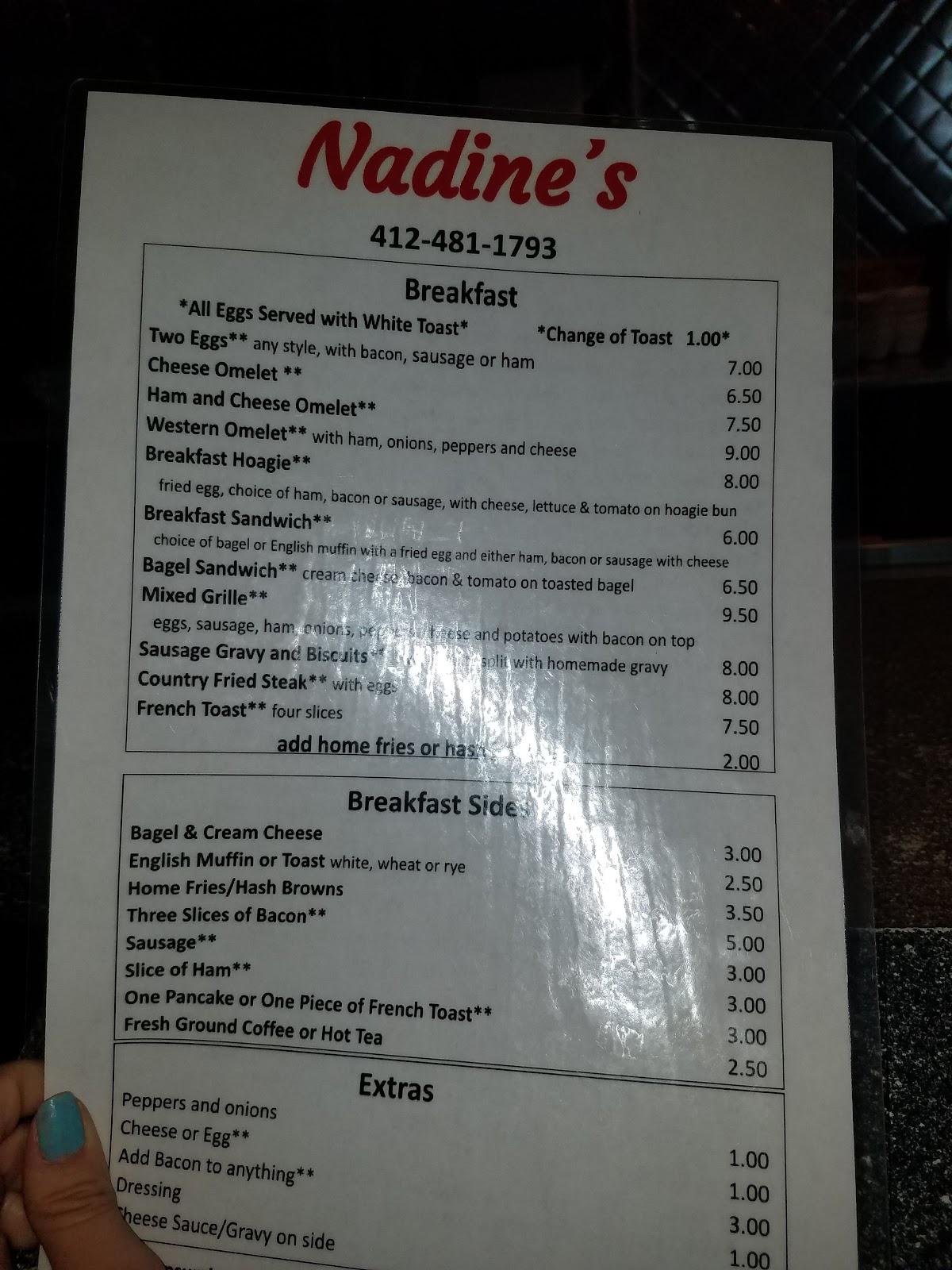 Menu at Nadine's Restaurant, Pittsburgh
