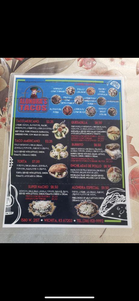 Menu at Alondra's Tacos restaurant, Wichita