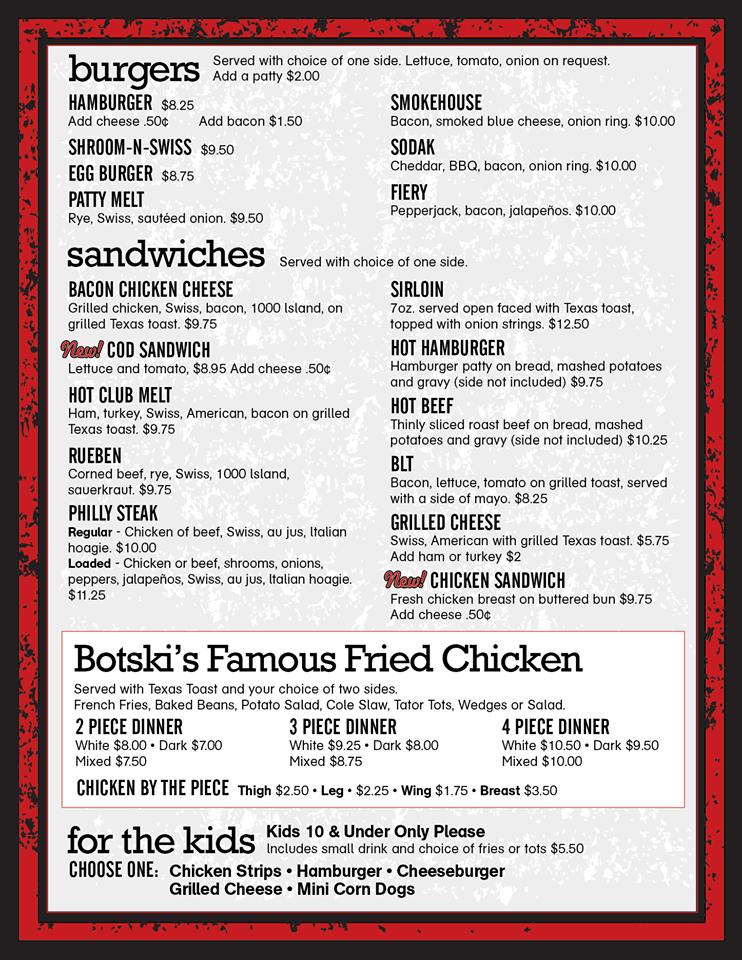 Menu at Botski's pub & bar, Sioux Falls