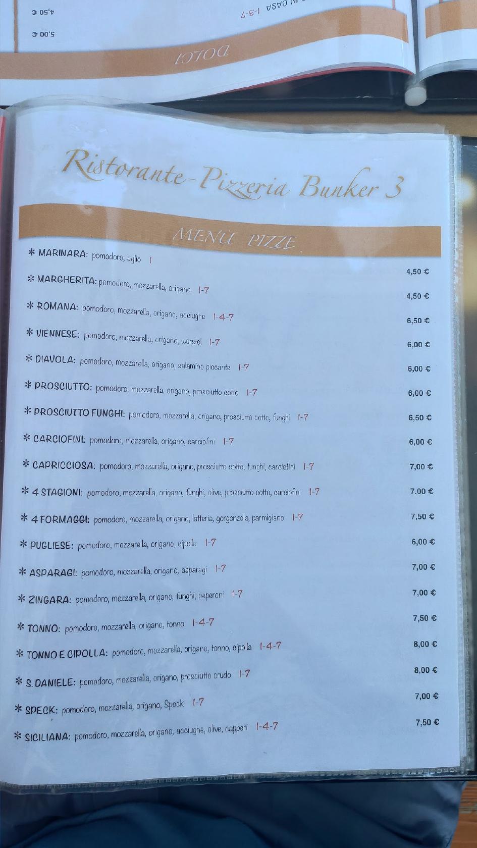 Menu da Bunker 3 pizzeria, Trasaghis