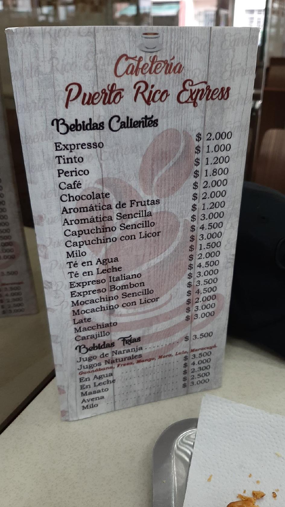 Carta de Cafetería Puerto Rico Express, Sopó