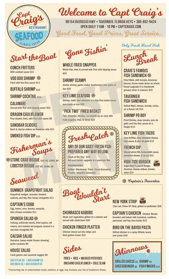 Menu at Capt Craig's Restaurant, Tavernier