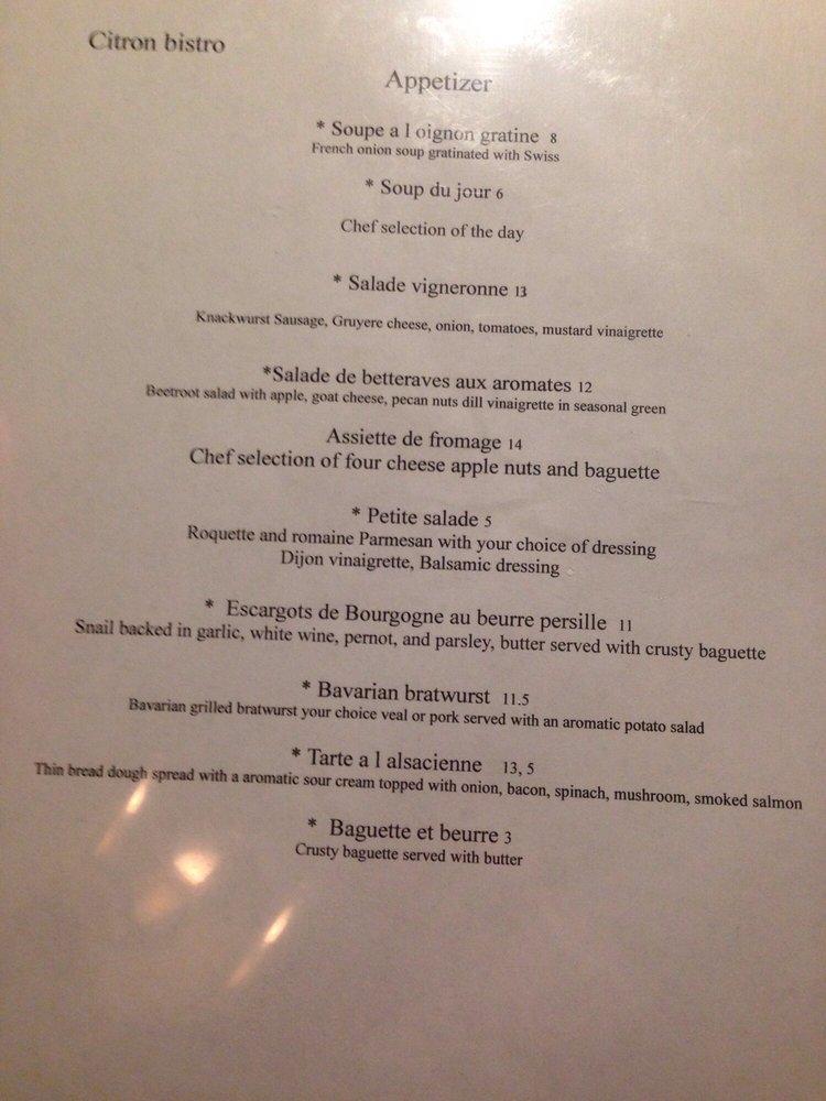 Menu at Citron European Bistro restaurant, Tacoma