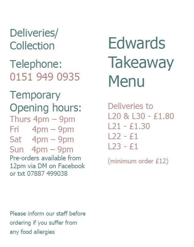 Menu at Edward's restaurant, Liverpool, 20-22 Great Georges Rd