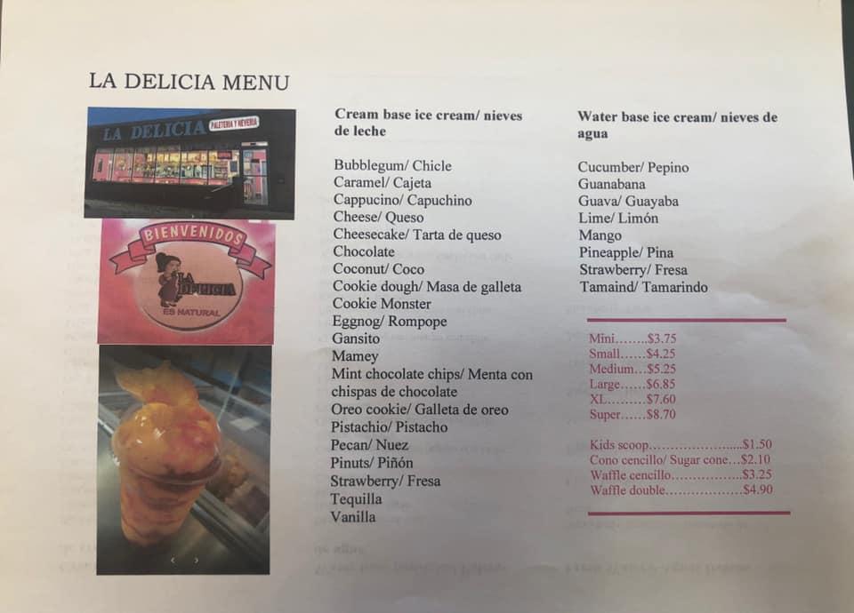 Menu at La Delicia desserts, Kankakee