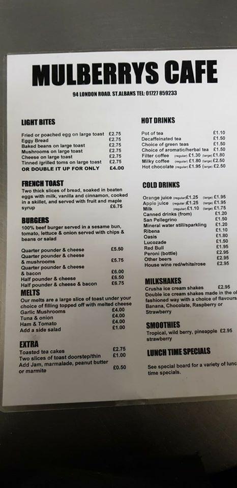 Menu at Mulberrys Cafe., St Albans