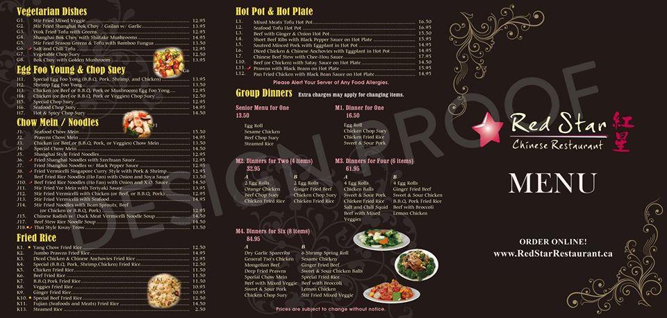 Menu at Red Star Chinese Restaurant, Red Deer, 50 Ave
