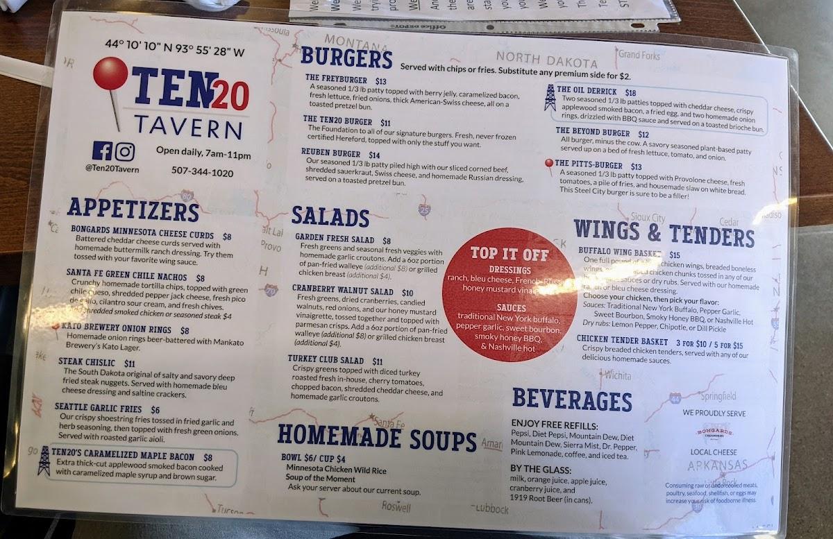 Menu at Ten20 Tavern restaurant, Mankato