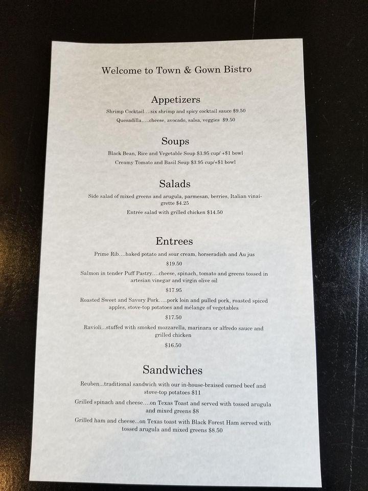 Menu at Town & Gown Bistro restaurant, West Lafayette, 119 N River Rd