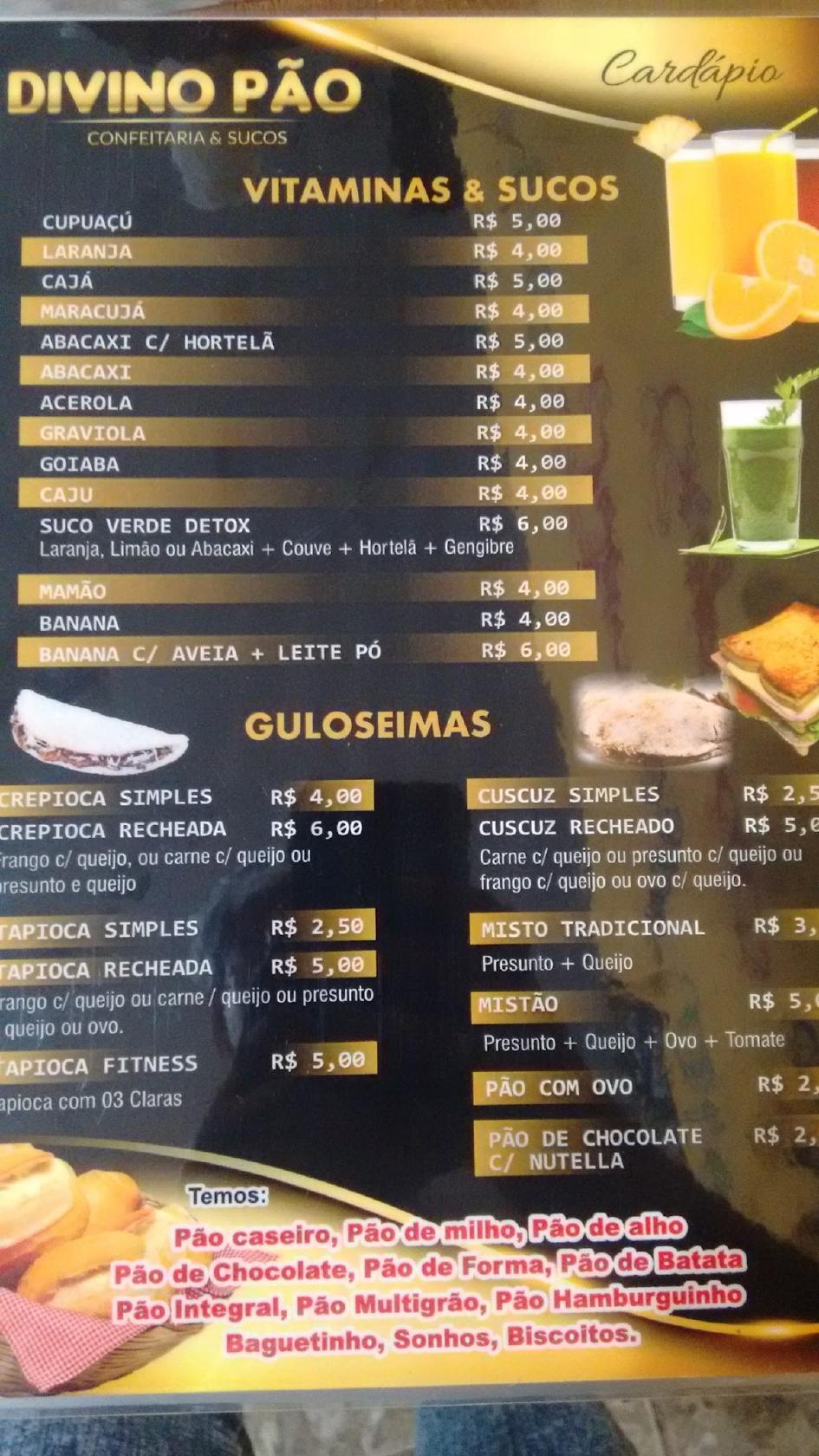 Menu at Divino Pão, Imperatriz