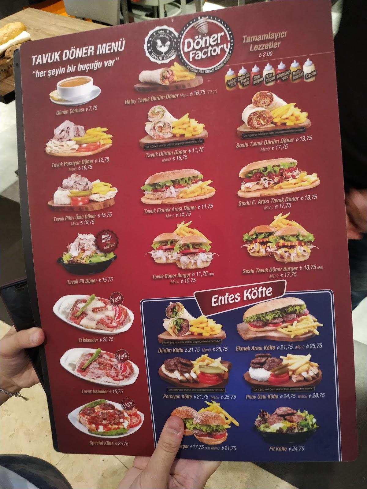 Menu at Doner factory gordion avm, Ankara