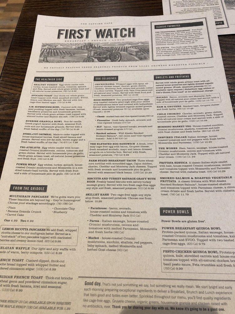 Menu at First Watch cafe, Murrysville