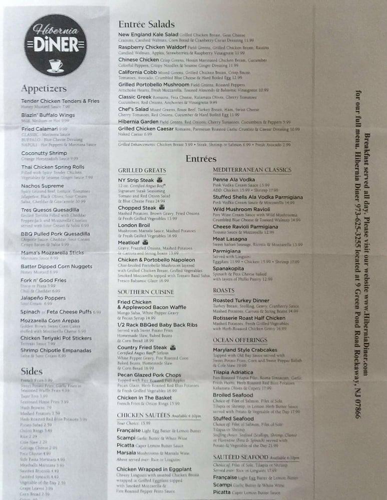 Menu at Hibernia Diner restaurant, Rockaway