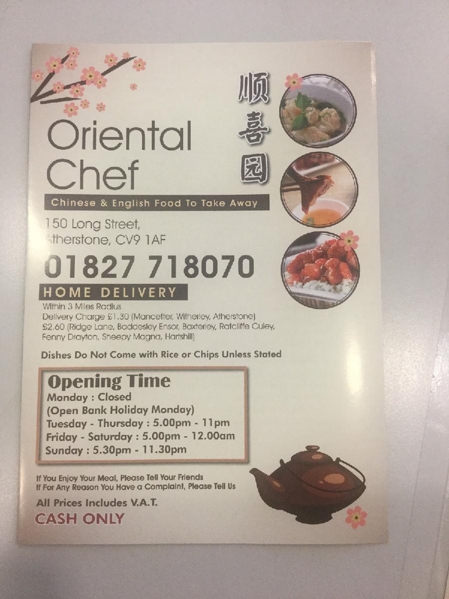 Menu at Oriental Chef fast food, Atherstone