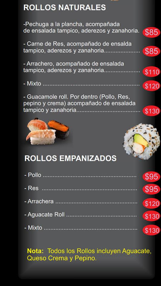 Menu at Que rollo restaurant, Loreto