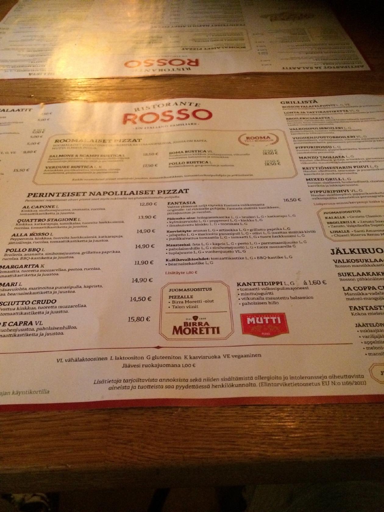Carta del restaurante Rosso Mylly, Raisio, Raisio, Myllynkatu 2017